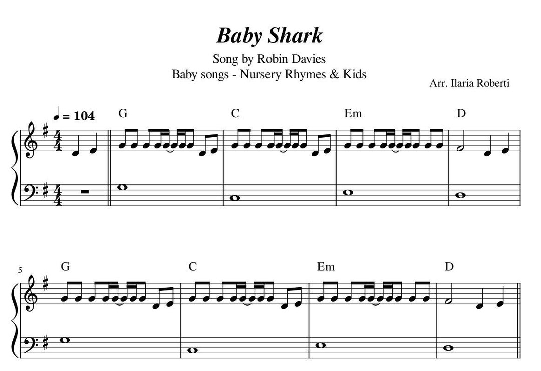 Baby Shark Easy Piano Sheet Music, Digital Downloadable Musical Sheet ...