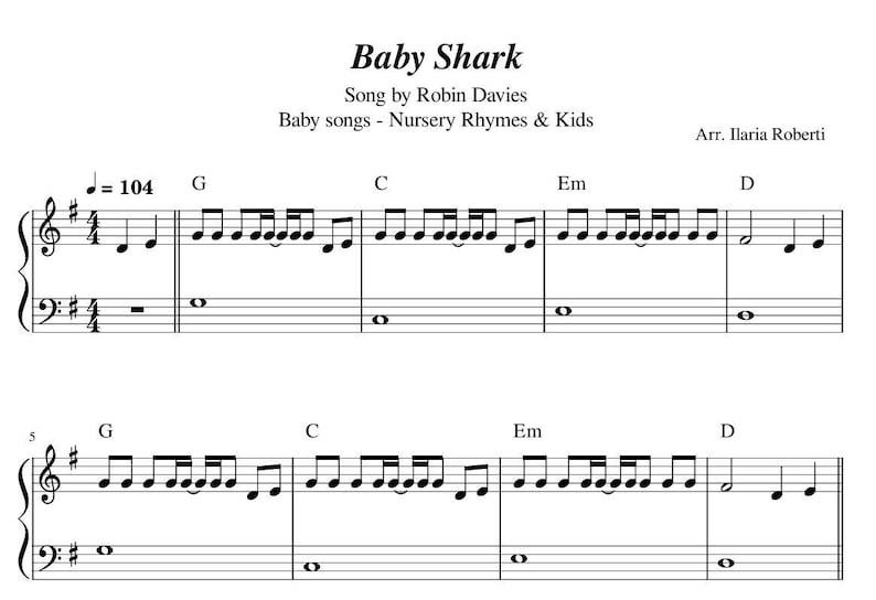 Baby Shark Easy Piano Sheet Music, Digital Downloadable Musical Sheet ...