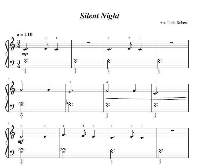 Silent Night, Easy Piano Sheet Music, Digital Downloadable Musical ...