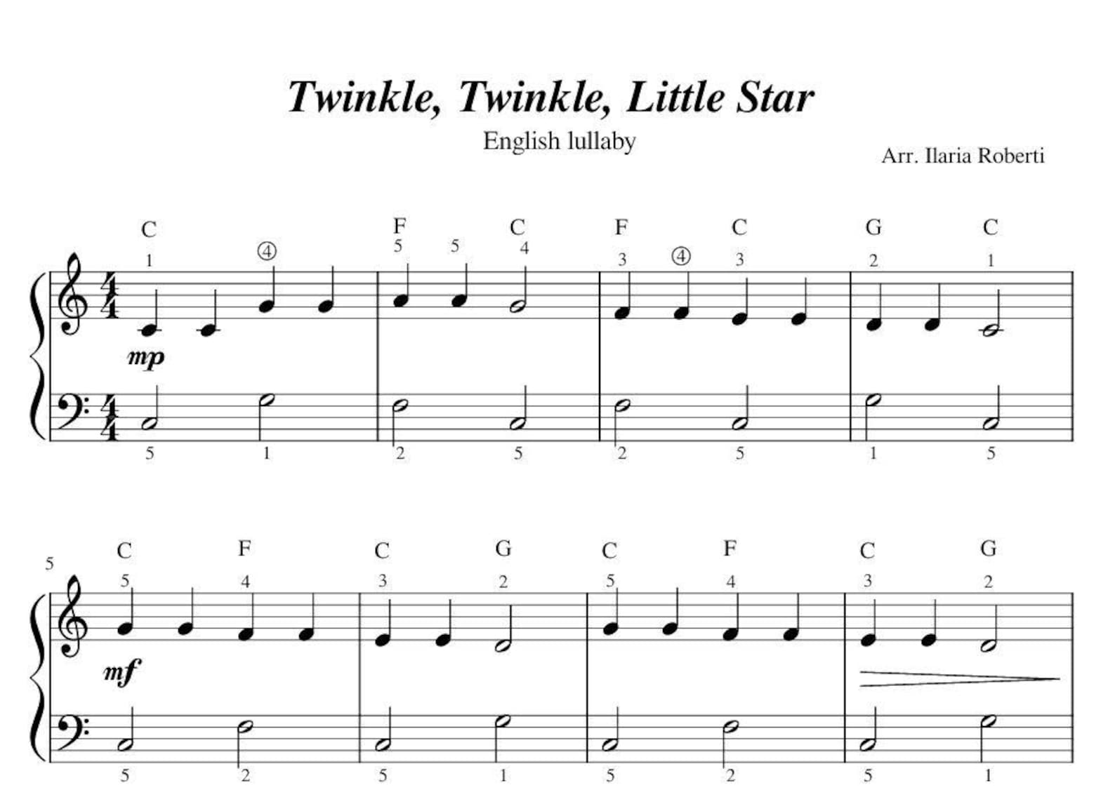Twinkle, Twinkle, Little Star Easy Piano Sheet Music, Digital ...