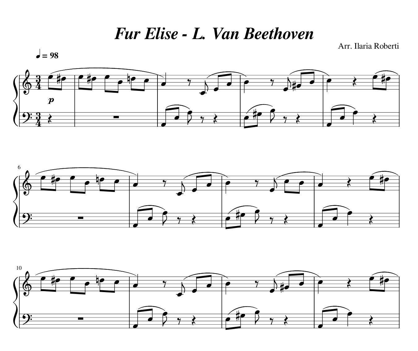 Fur Elise (beethoven) Easy Piano Sheet Music, Digital Downloadable ...