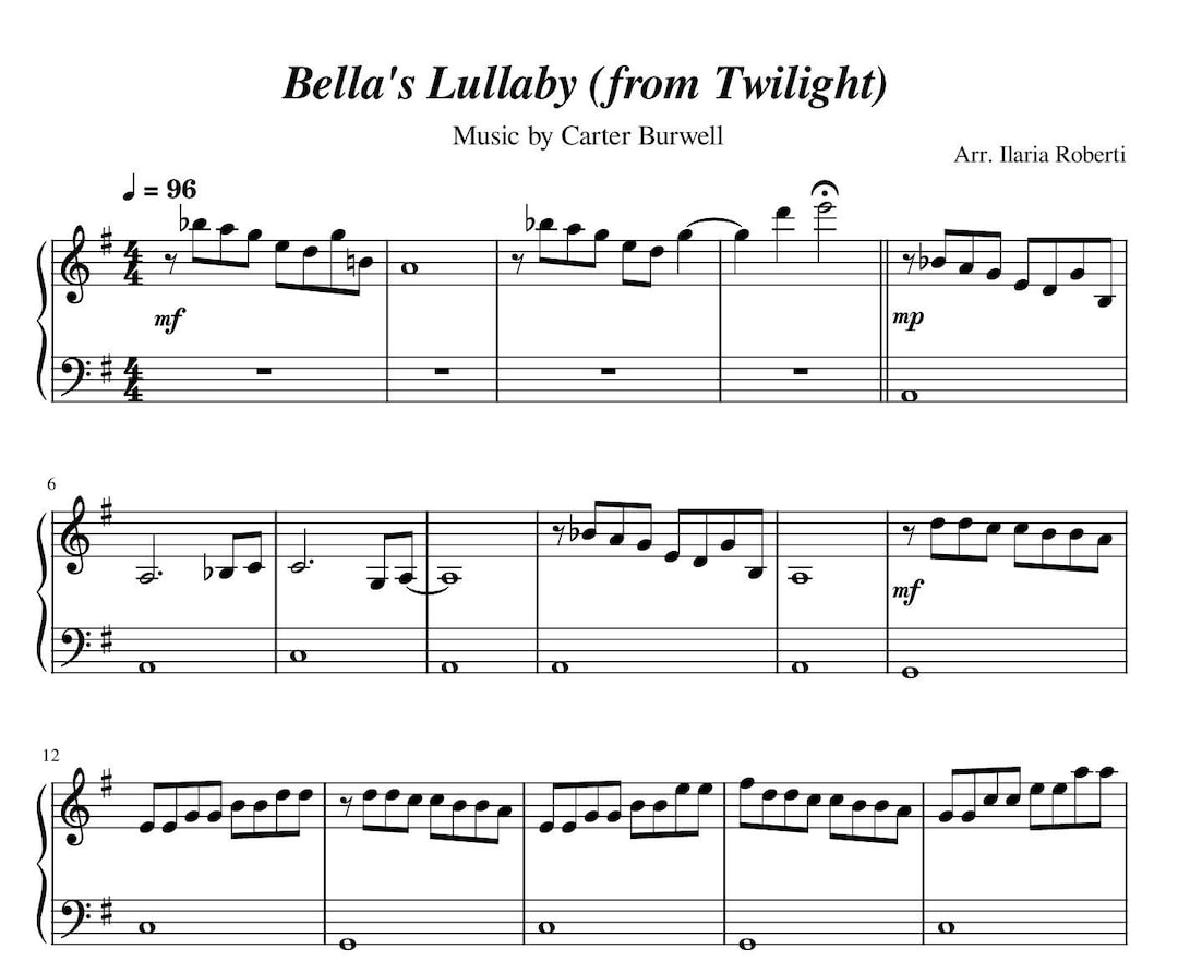 Bella's Lullaby (from Twilight) Easy Piano Sheet Music, Digital Downloadable Musical Sheet ...