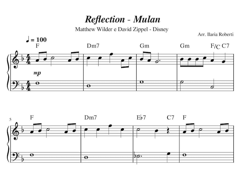 Reflection (from Mulan) Easy Piano Sheet Music, Digital Downloadable ...