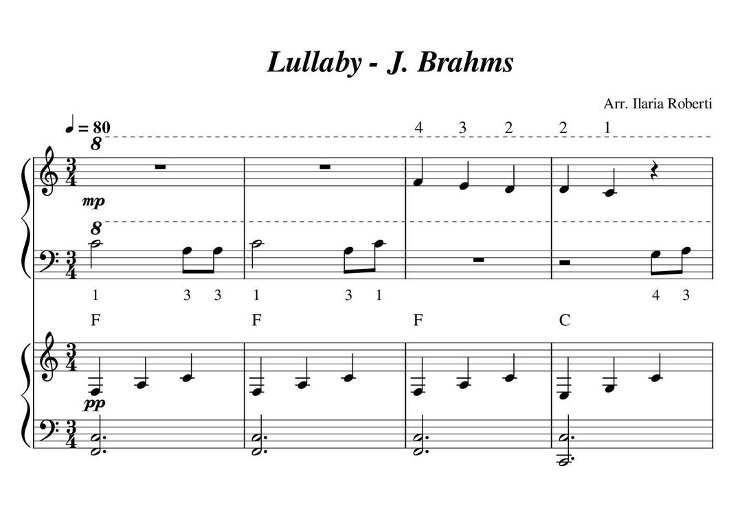 Lullaby (J. Brahms) Four Hands Easy Piano Sheet Music, Digital ...