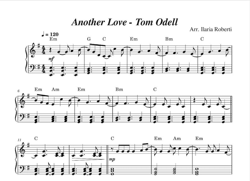 Another Love (tom Odell) Piano Sheet Music, Digital Downloadable Musical Sheet, Beginner ...