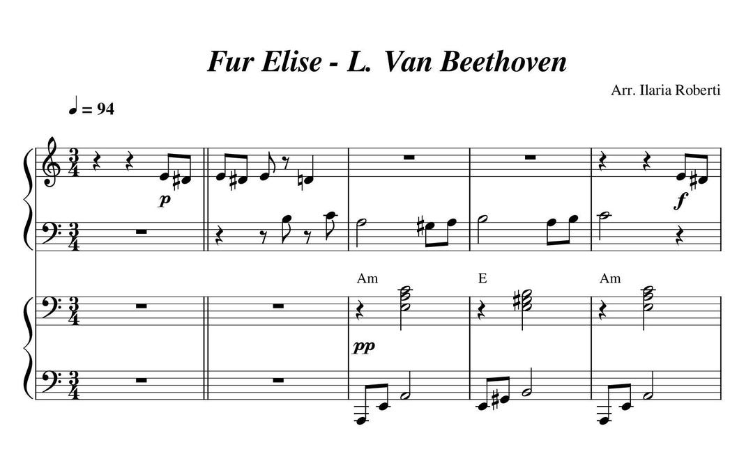Fur Elise (beethoven) Easy Piano (four Hands) Sheet Music, Digital ...