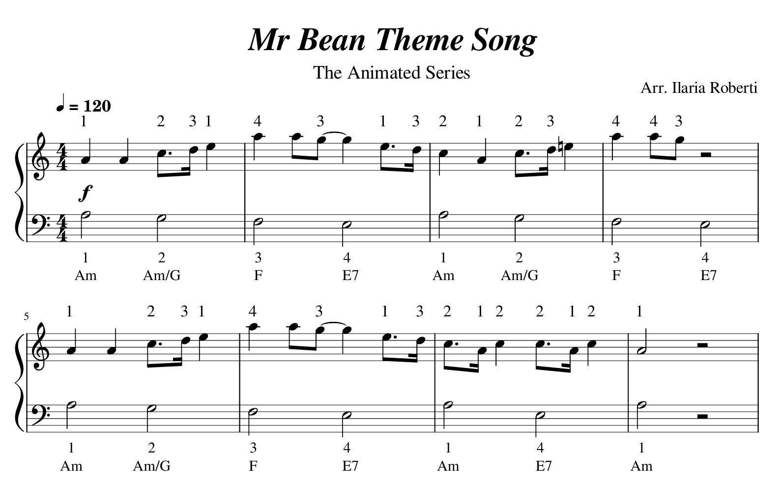 Mr Bean Theme Song (the Animated Series) Easy Piano Sheet Music, Digital Downloadable Musical ...