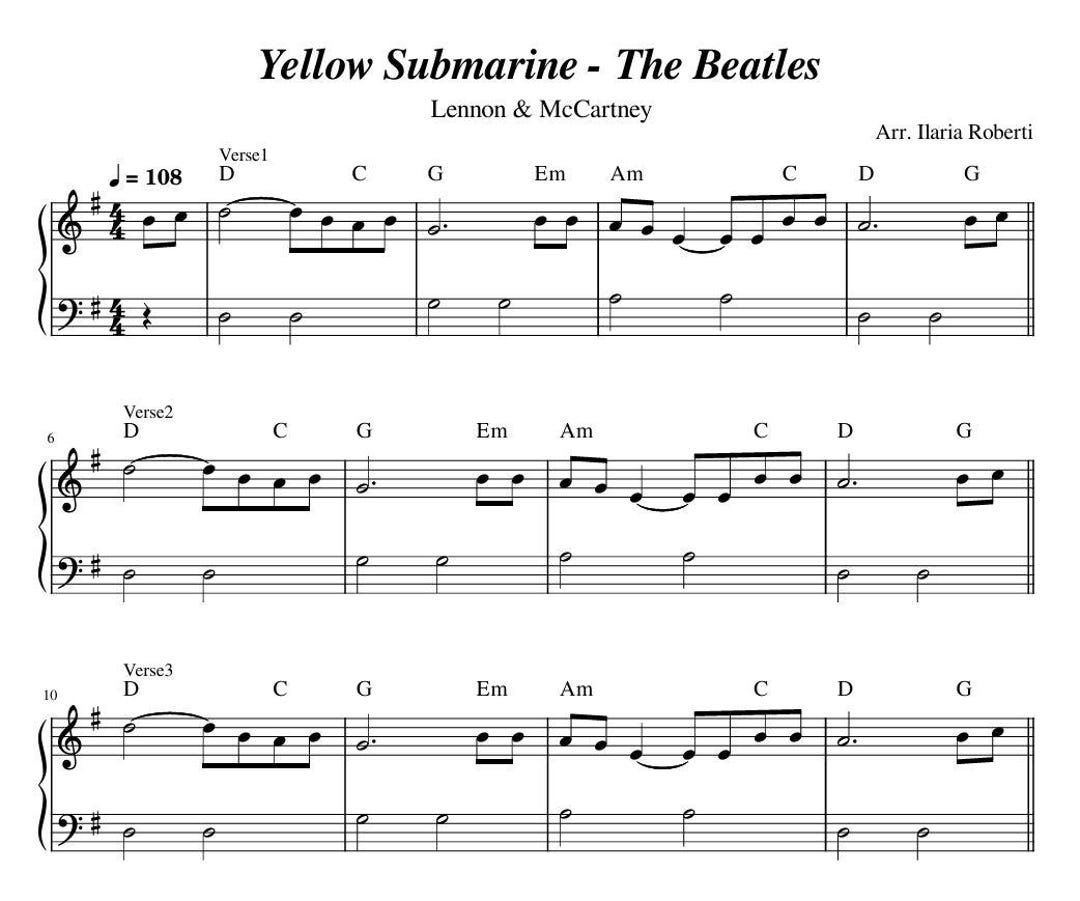 Yellow Submarine (the Beatles) Easy Piano Sheet Music, Digital ...