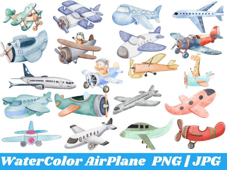 Airplane Clipart,watercolor Air Transport Clipart,blue Air Transport ...