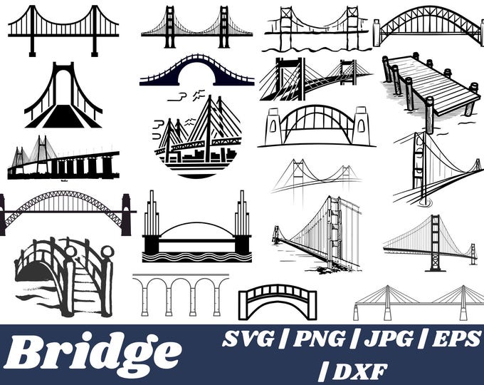 Arch Bridge Vector Clipart Set / Outline & Stamp Drawing Illustrations ...