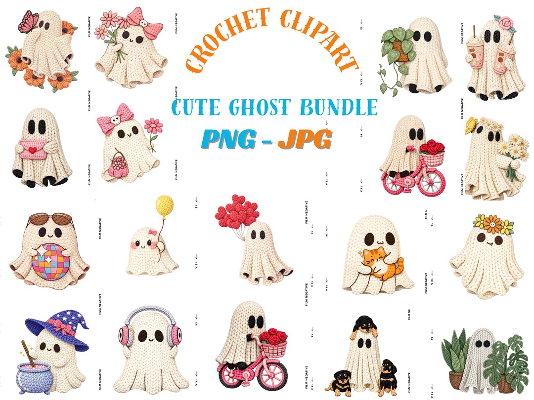 Crochet Cute Ghost Clipart Bundle, Amigurumi Yarn Style Cozy Knitted ...