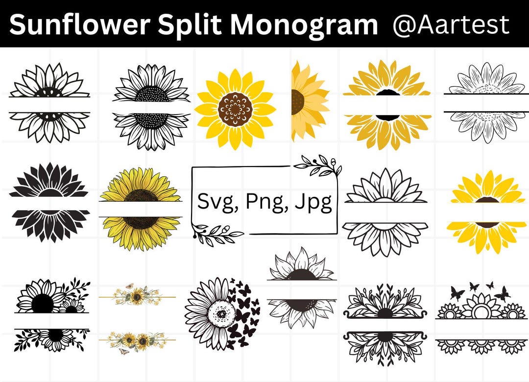 Sunflower Split Monogram, Sunflower SVG, Flower SVG, Monogram Svg, Half ...