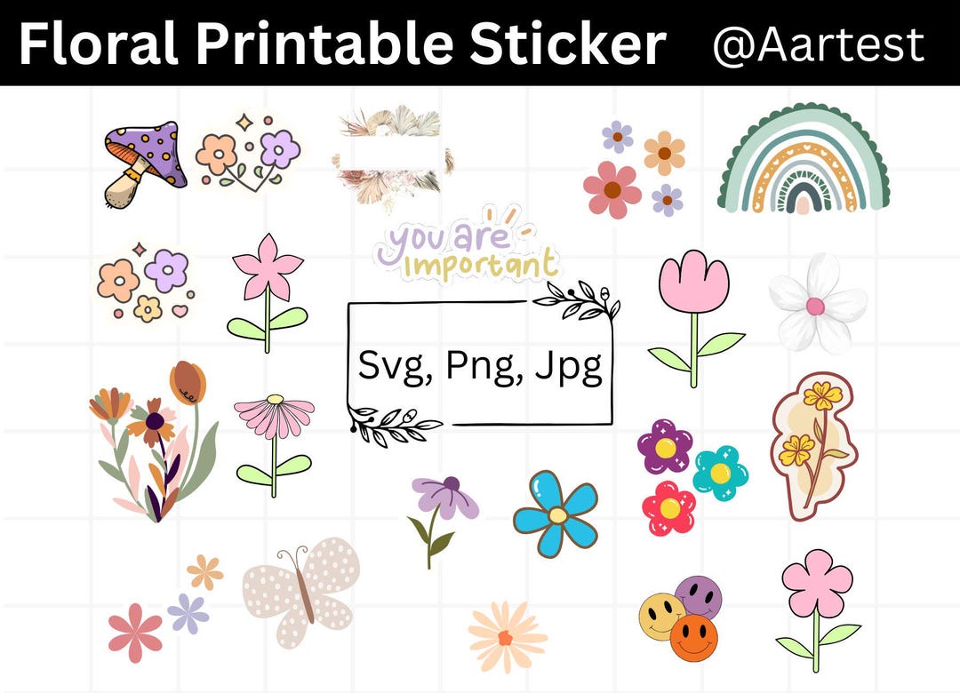 Floral Printable Stickers, Floral Svg Bundle, Flowers Clipart, Svg ...