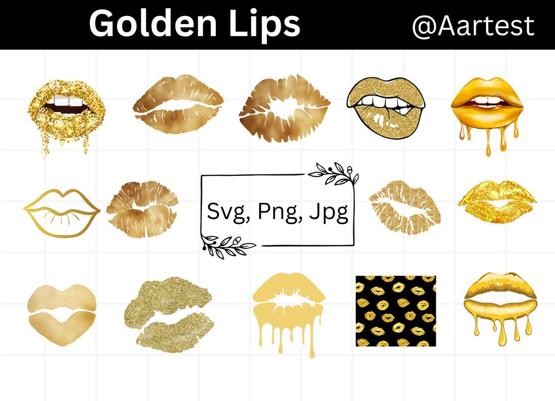 Golden Lips SVG, Glitter Lips Clipart, Gold Lips PNG, Lips Outline SVG ...