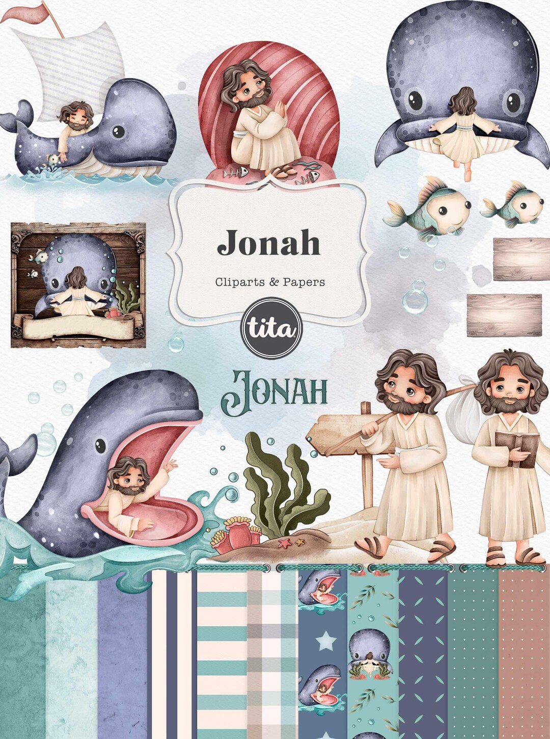 Jonah and the Whale Clip Arts, Religious Watercolor Illustrations, Kids ...