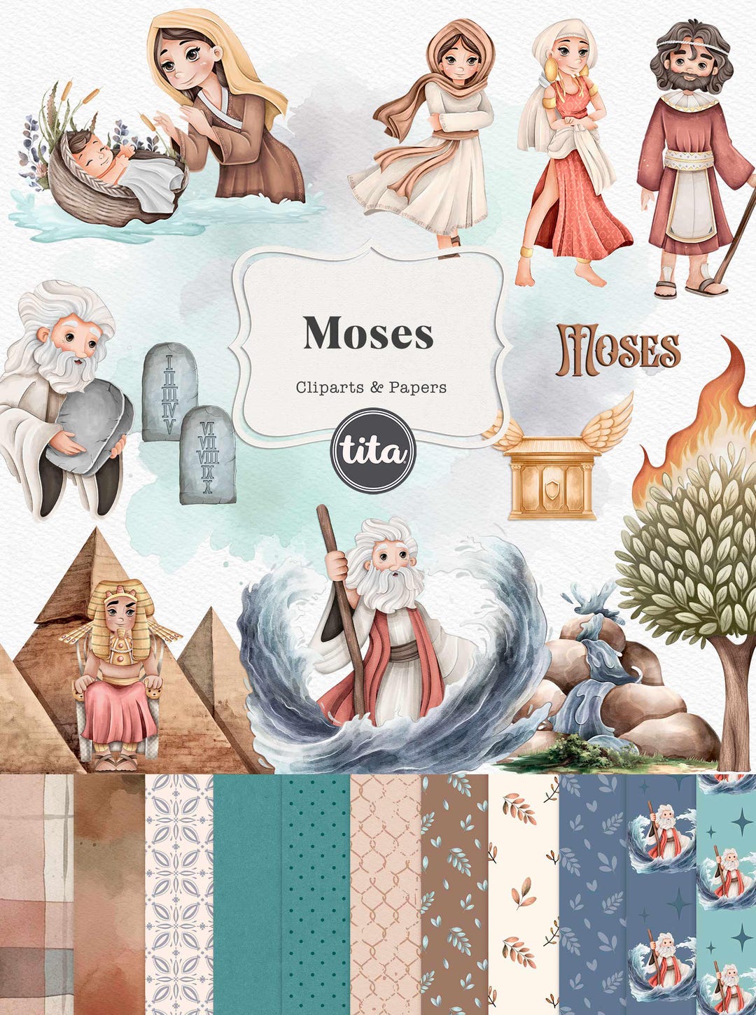 Moses Clip Arts, Story of Moses, Watercolor Illustrations, Biblical ...