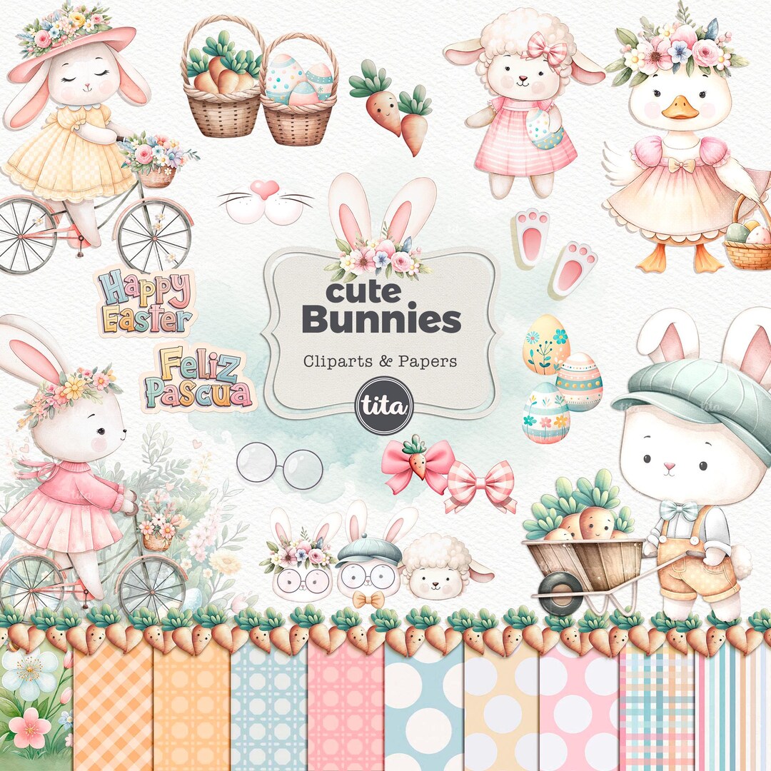 Cute Bunnies Watercolor Clip Arts, Easter PNG Elements, Illustrations ...