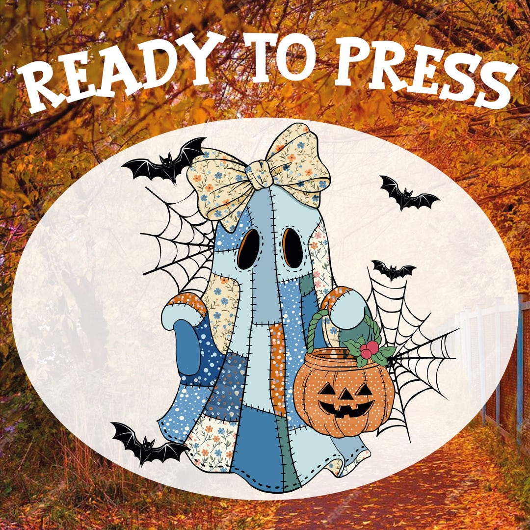 Retro Halloween Blue Denim Ghost DTF Transfer: Patchwork Spooky Season ...