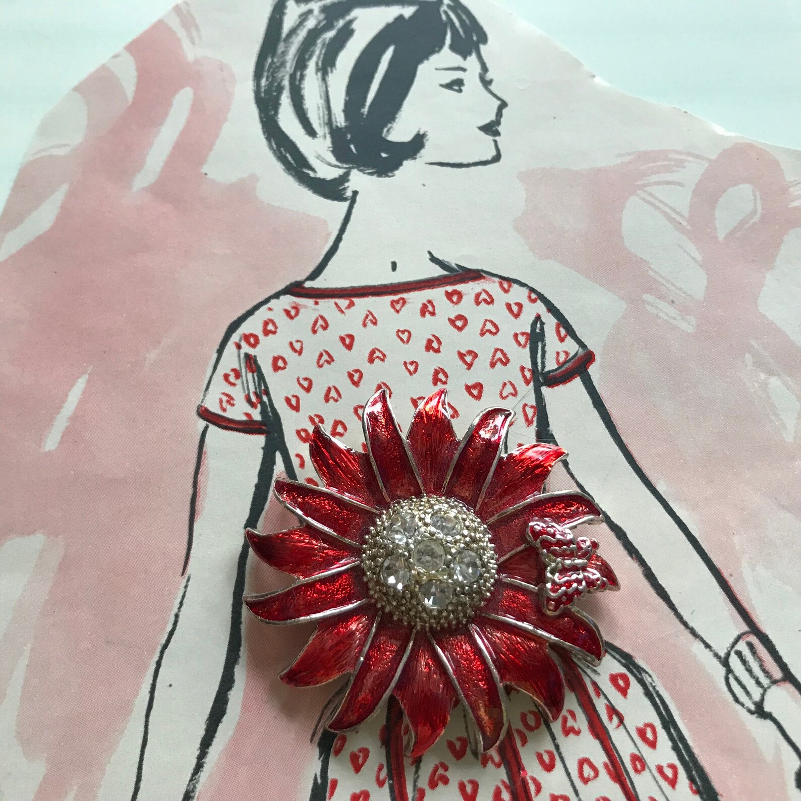 Vintage Silver Tone Red Metal Enamel Brooch Pave Rhinestone - Etsy