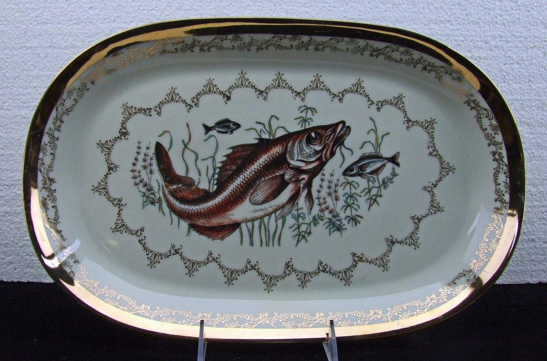 Antique Bavaria Ironstone Large Fish Platter Gold Guilt Paint Green ...