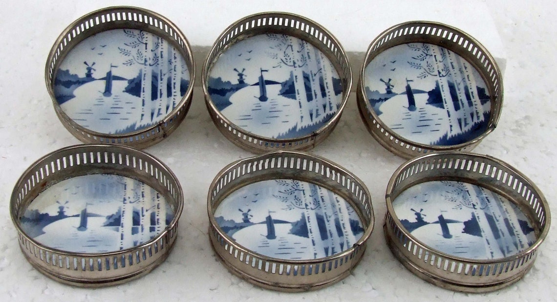 6 Vintage Mid Century Delft Silver Reed Banded Coasters - Set of 6 ...