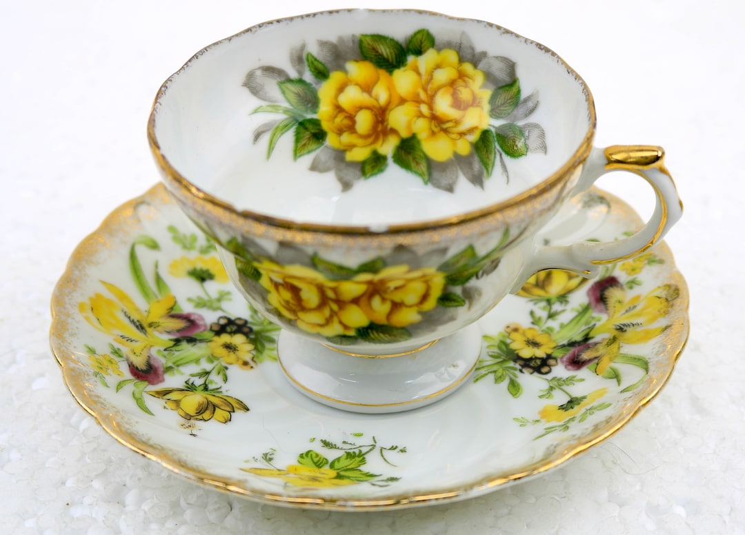Vintage Porcelain Gold Gilt Married Yellow Rose Teacup and Saucer ...
