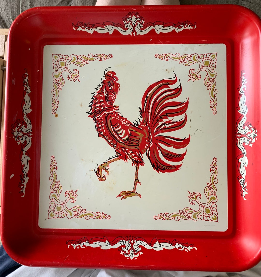 Vintage 1950s Mid Century Square Tin Tray Great Colors With Rooster ...