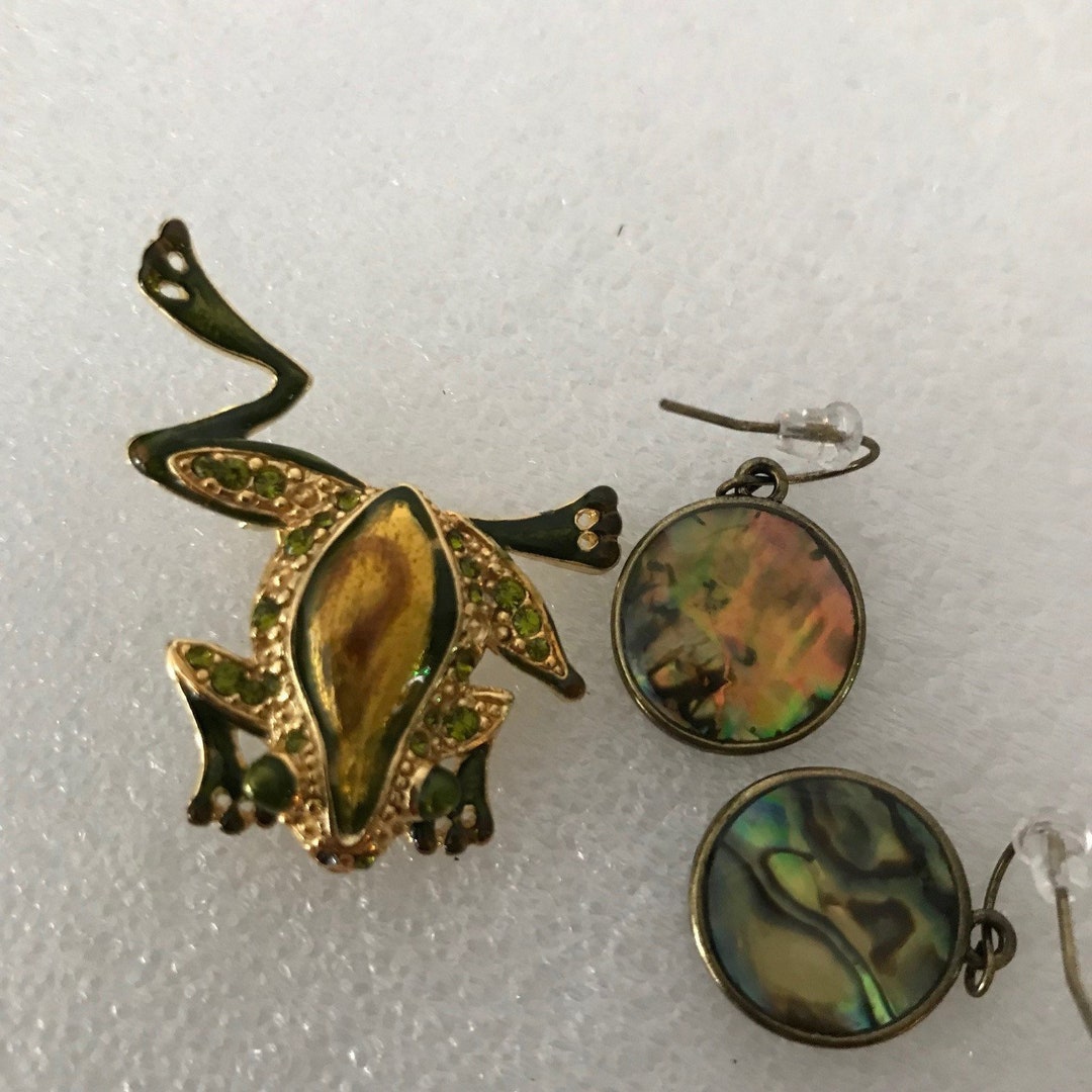 Vintage Figure Frog Brooch Abalone Shell Matching Fish Hook Earrings ...