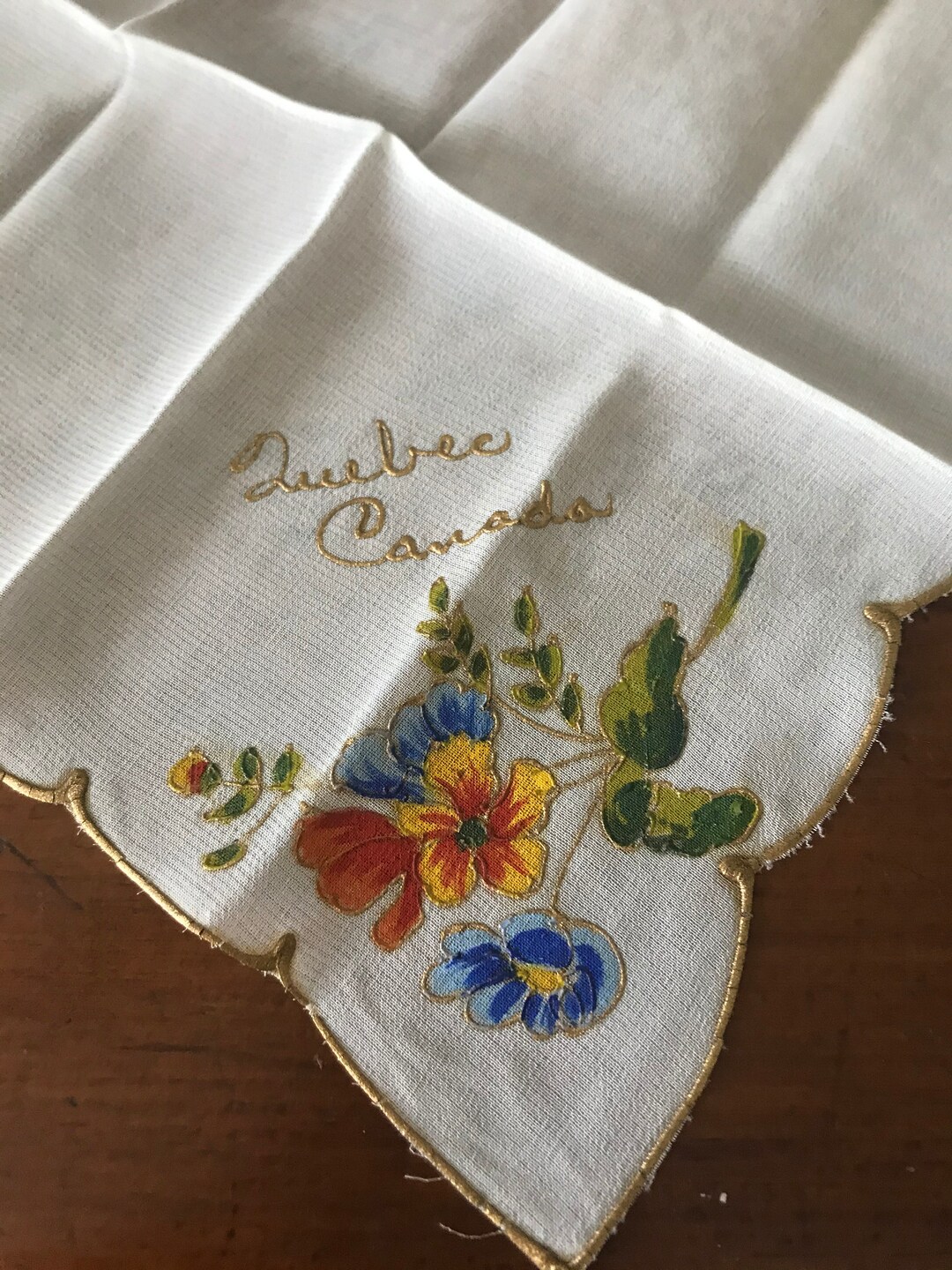 Vintage Painted Silk Handkerchief Hankie Gold Paint Souvenir Quebec ...