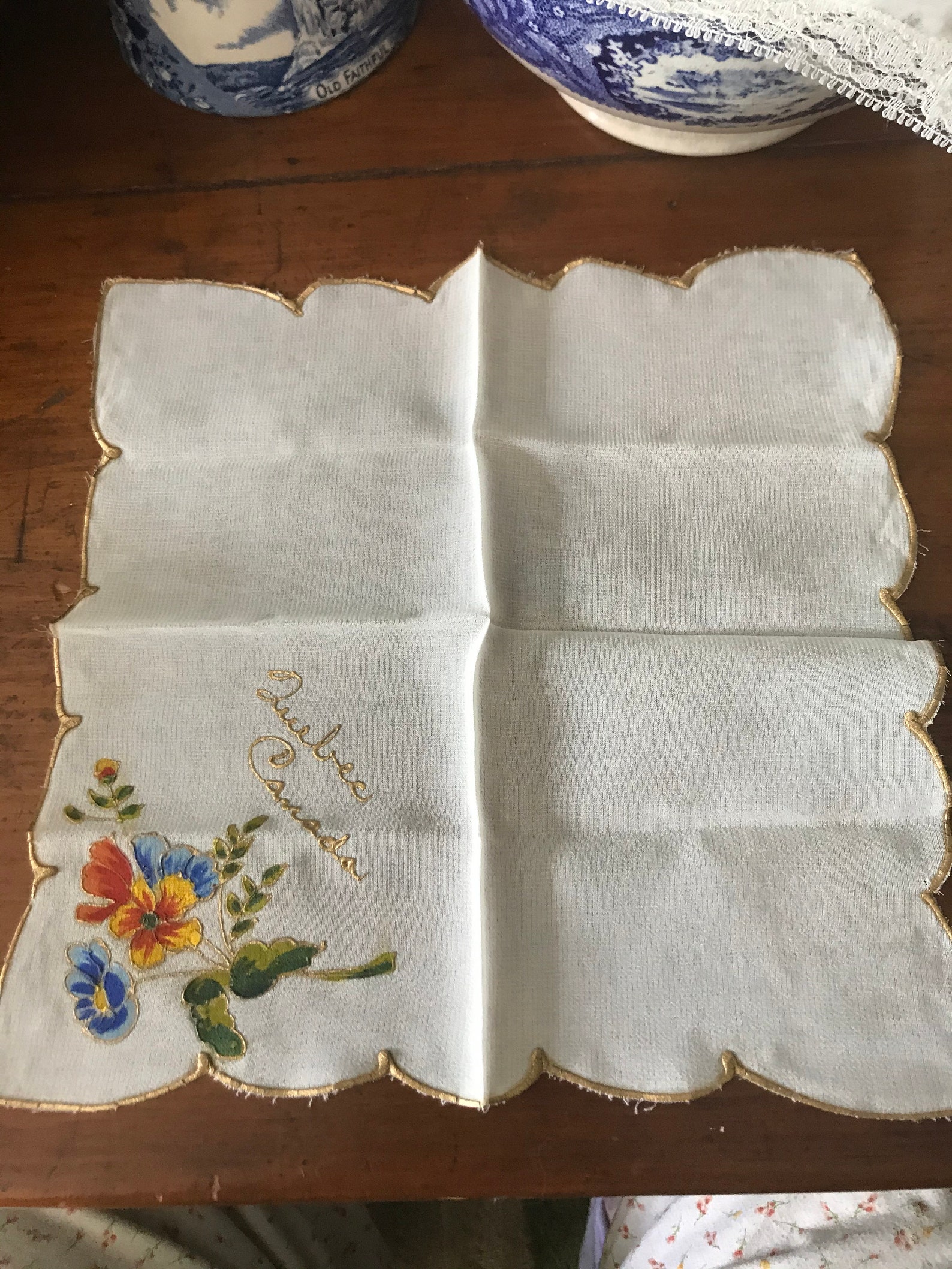 Vintage Painted Silk Handkerchief Hankie Gold Paint Souvenir | Etsy