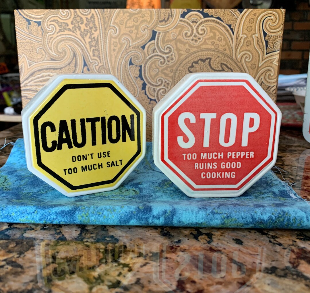 Vintage Porcelain Stop Sign Caution Sign Salt Pepper Shakers Pop Art ...