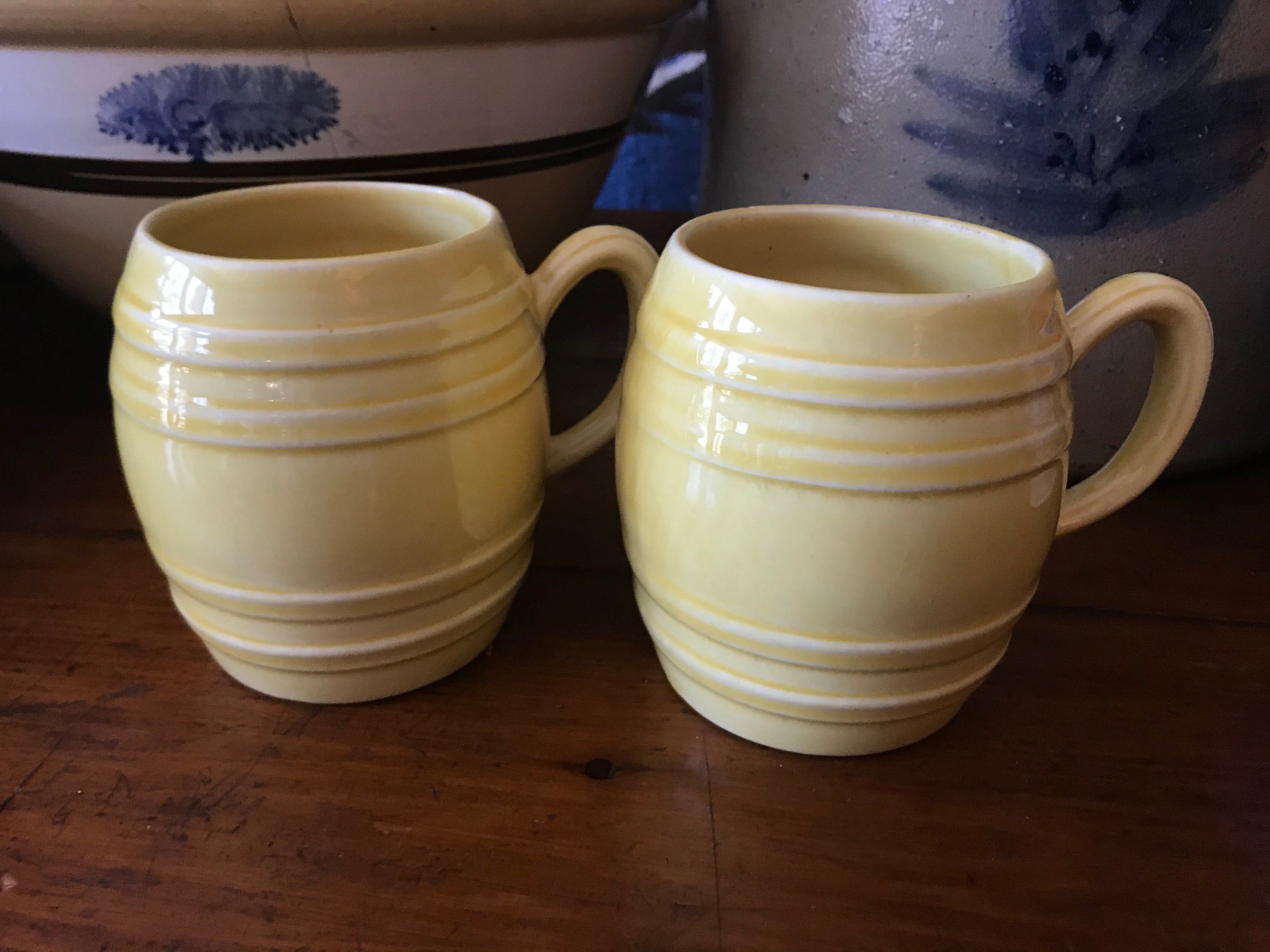 Pair Yellow Pottery Vintage Acme Craftware Barrel Shaped Coffee Mugs ...