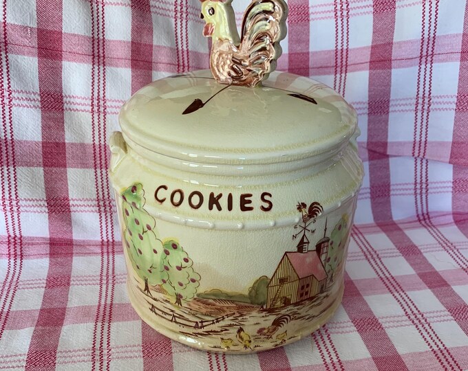 Vintage Rare Numbered Country Cookie Jar With Rooster Finial Top 1940s ...