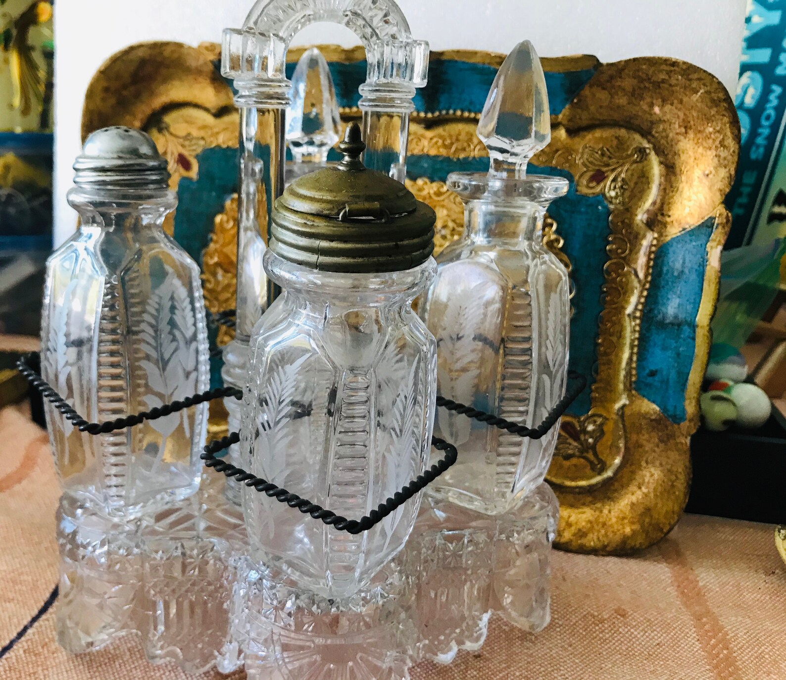 Antique Pressed Etched Cut Glass Castor Set Cruet Ornate Handle ...