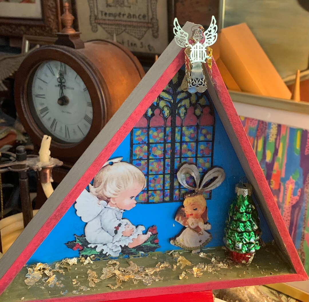 OOAK Christmas Miniature Chapel Diorama Art Assemblage Wood Triangle ...