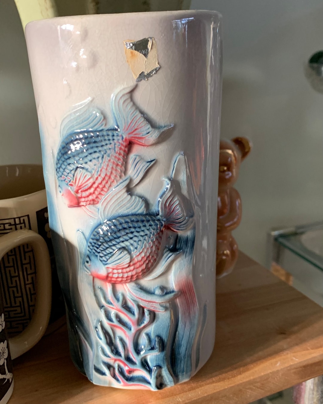 Mid Century Modern Kitsch Royal Copley Pottery Vase Gray Blue Pink Fish ...
