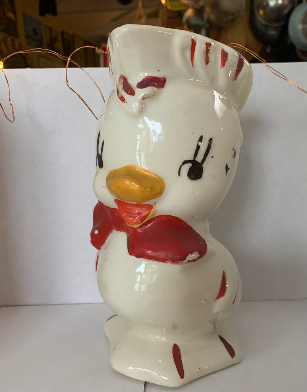 Vintage 1940s Heavy Shawnee Duck Chick Milk Pitcher White Red Bow ...