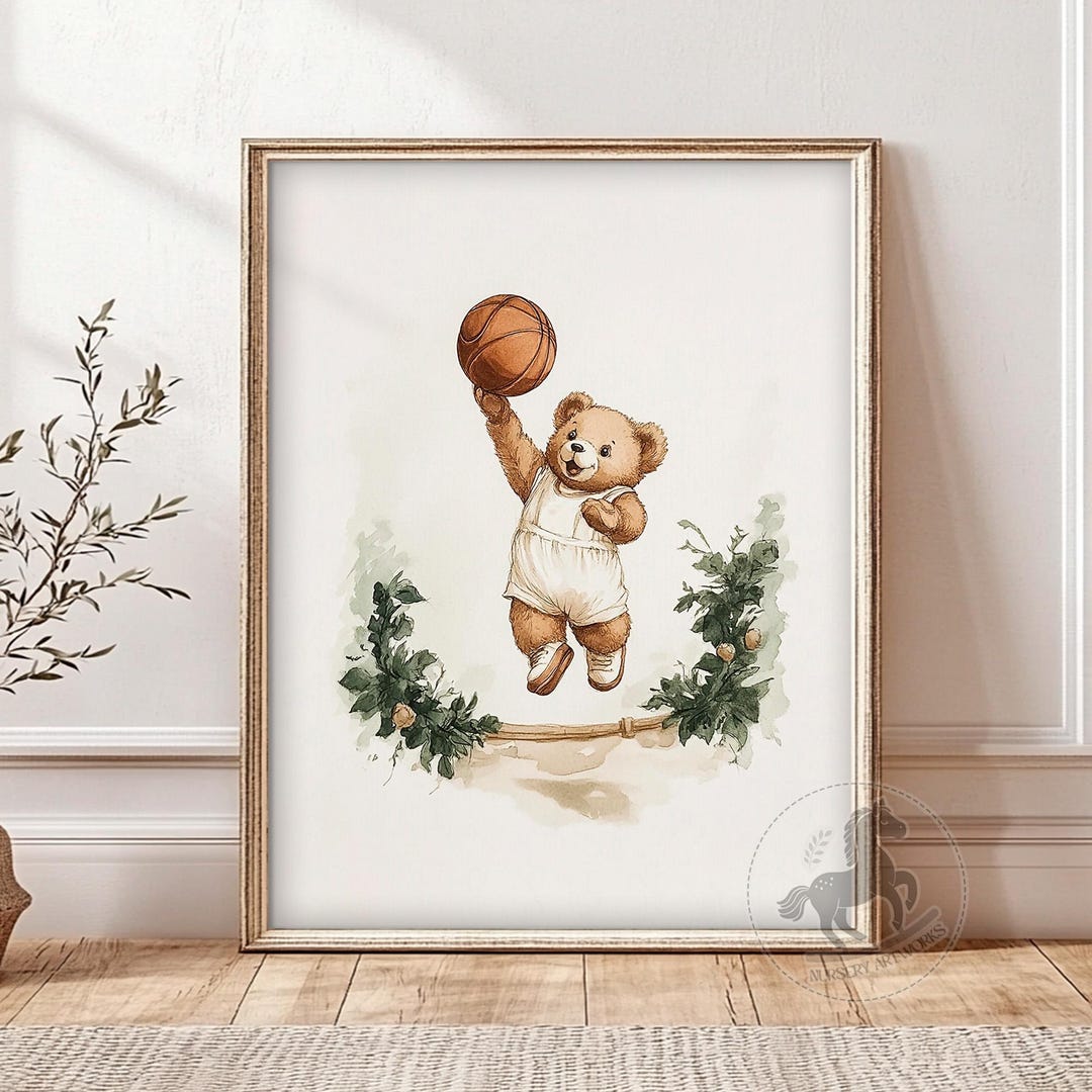 Teddy Bear Basketball Nursery Art: Playful Boys Room Decor (digital ...