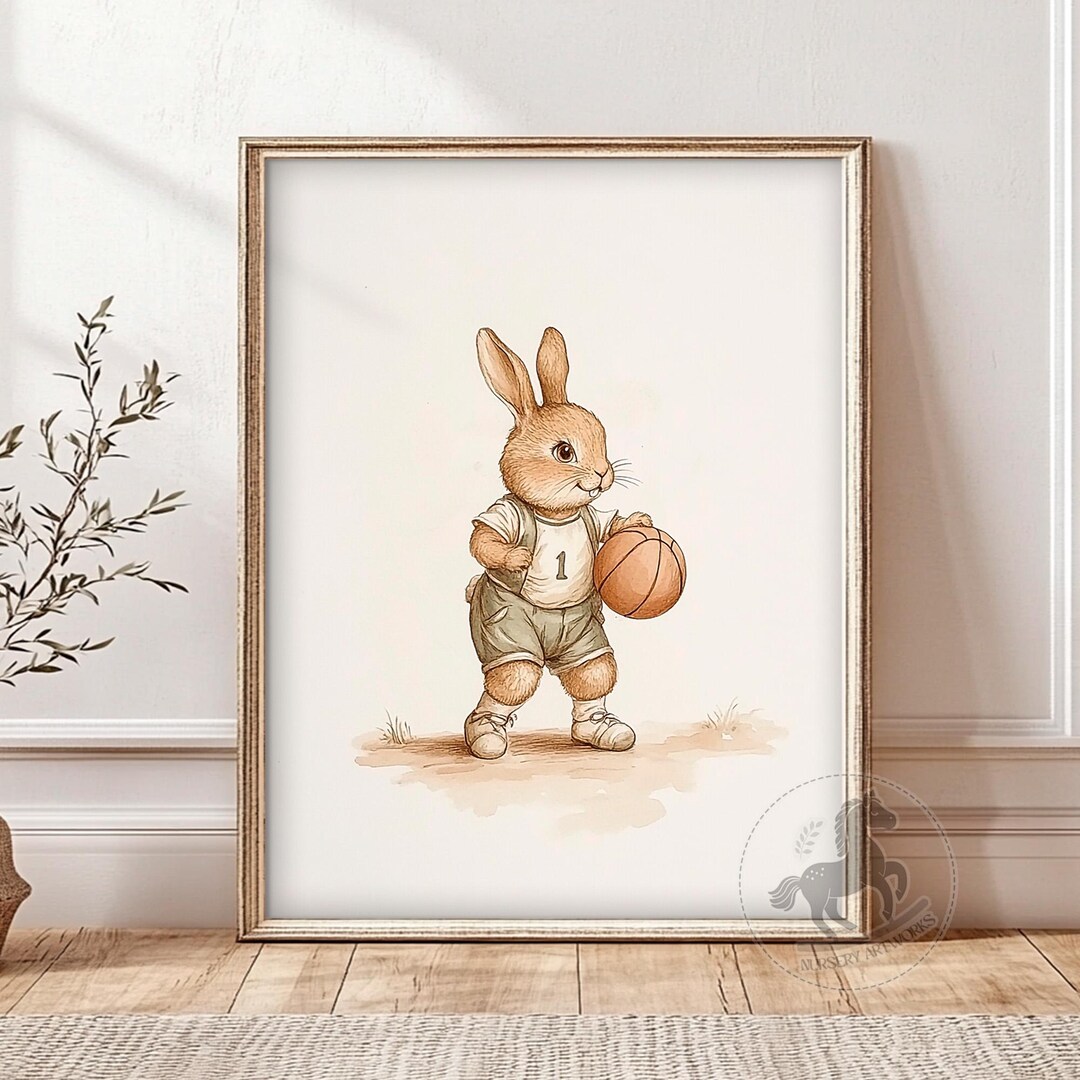 Bunny Rabbit Basketball Nursery Art, Vintage Sports Animal Wall Art ...