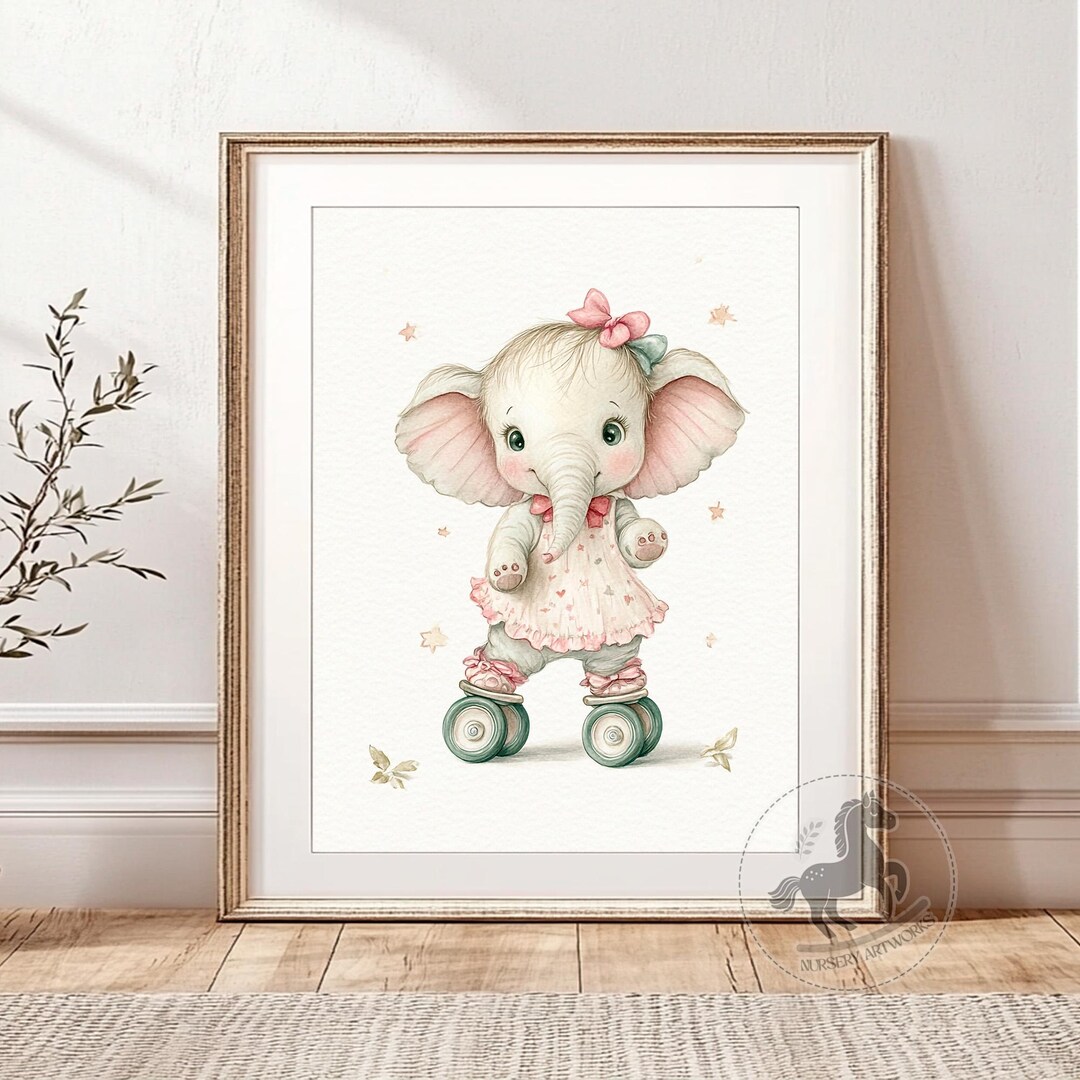 Baby Elephant on Roller Skates Nursery Art, Cute Animal Wall Art, Kids ...