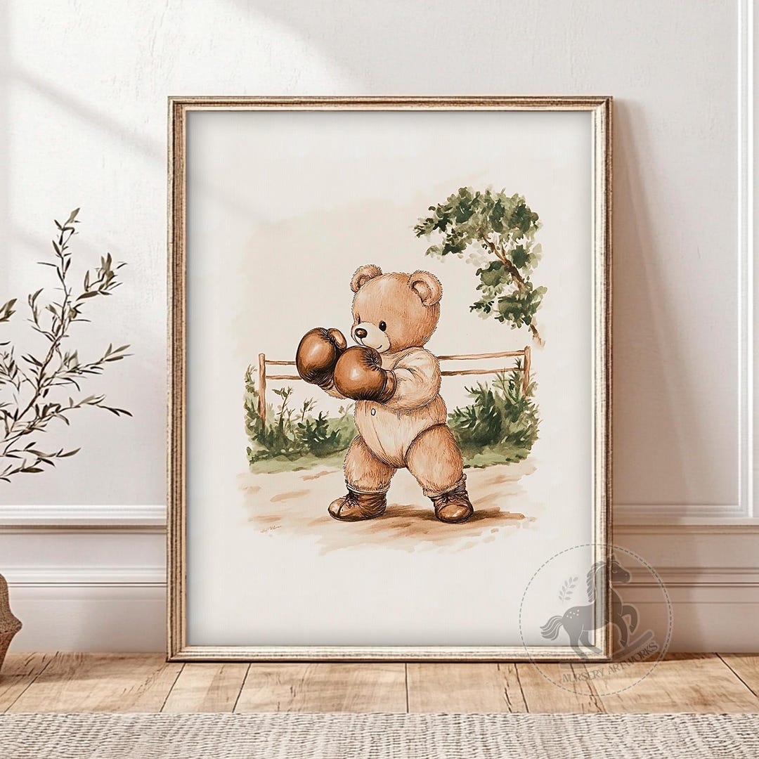 Teddy Bear Boxing in Ring Nursery Art | Vintage Sports Animal Wall Art ...