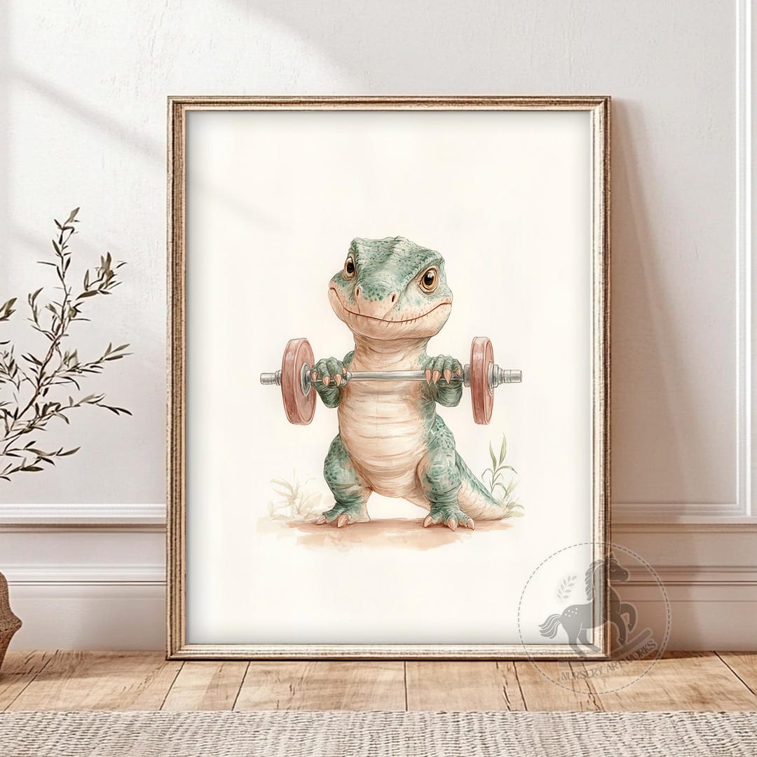 Funny T-rex Lifting Weights Nursery Art | Cute Dinosaur Wall Art | Kids ...