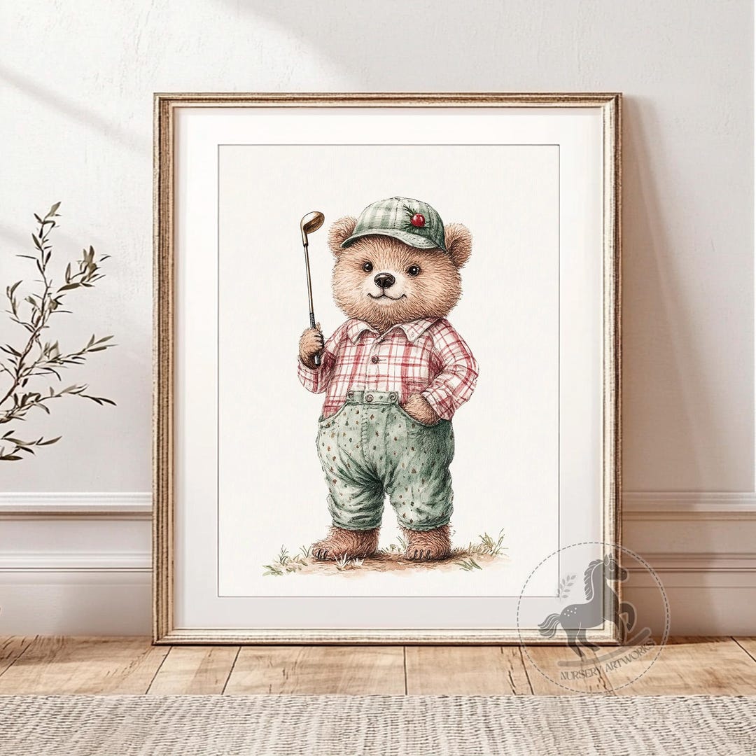 Golf Teddy Bear Nursery Art | Cute Animal Wall Art | Kids Room Decor ...