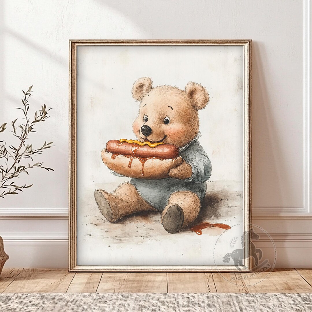 Vintage Pooh Bear Eating Hot Dog Nursery Art, Classic Storybook Wall ...