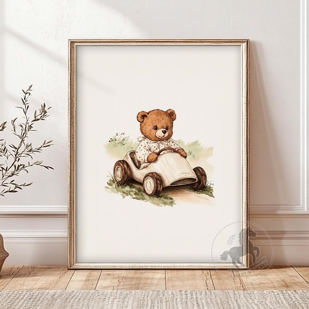 Teddy Bear Race Car Nursery Art: Vintage Sports Print (digital Download ...