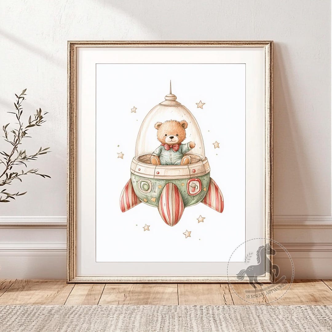 Space Bear Nursery Art | Cute Spaceship Wall Art | Kids Room Decor ...