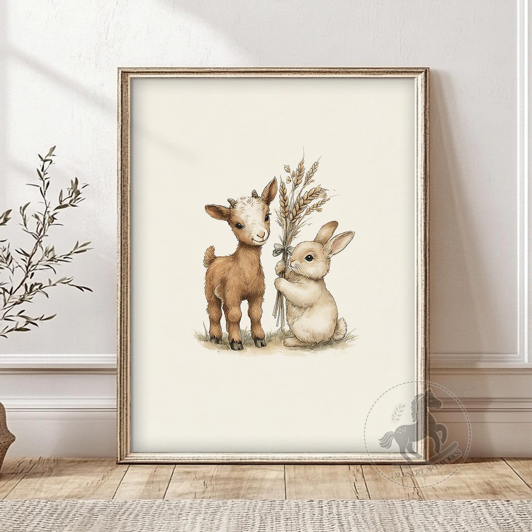 Baby Goat & Bunny Nursery Print: Farm Animal Wall Art (digital Download ...