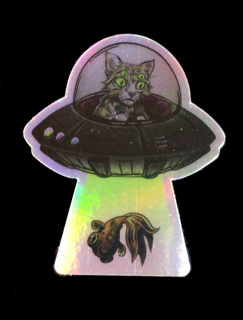 Alien Abduction Cat UFO Holographic Cut Sticker - Etsy