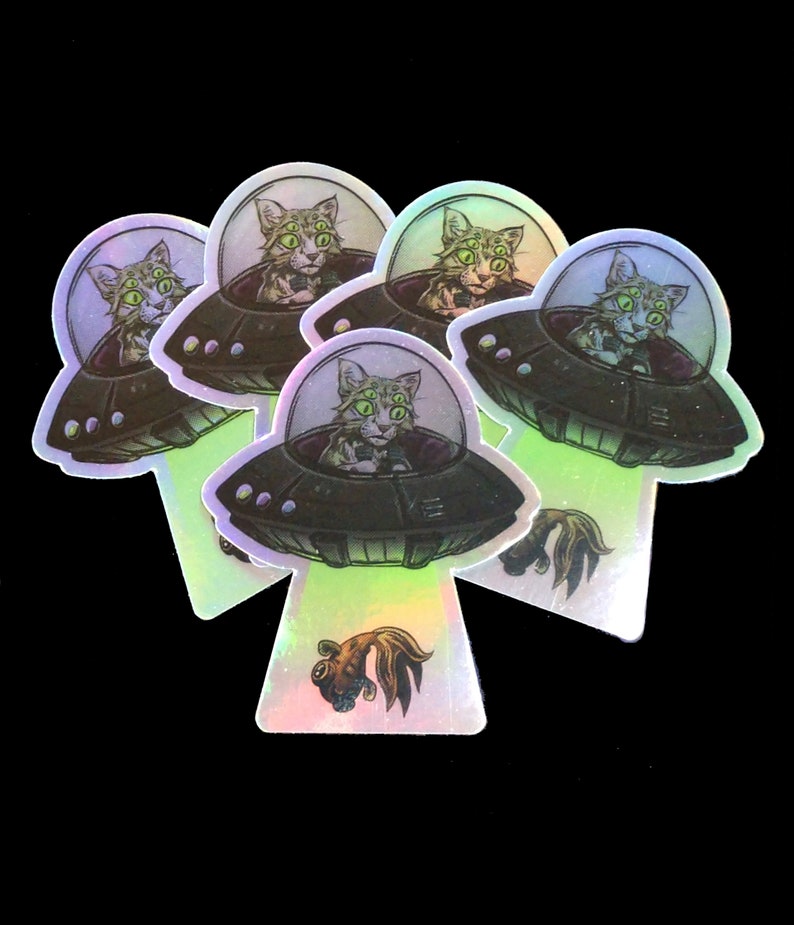 Alien Abduction Cat UFO Holographic Cut Sticker - Etsy