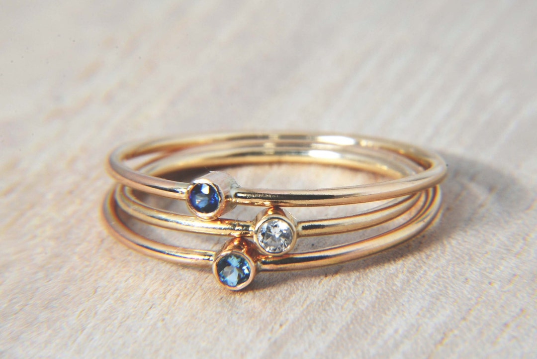 14K Gold Stacking Rings - Diamond, Sapphire, and Aquamarine, Delicate ...